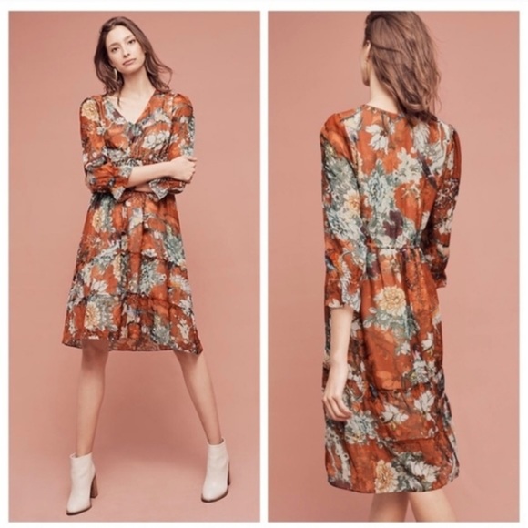 Anthropologie | Dresses | Anthropologie Hemant Nandita Floral And Birds Empire Waist Midi Dress ...